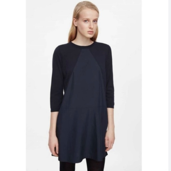 COS | Dresses | Cos Navy Blue Dress Woven Knit Cotton Panel 34 Sleeve ...